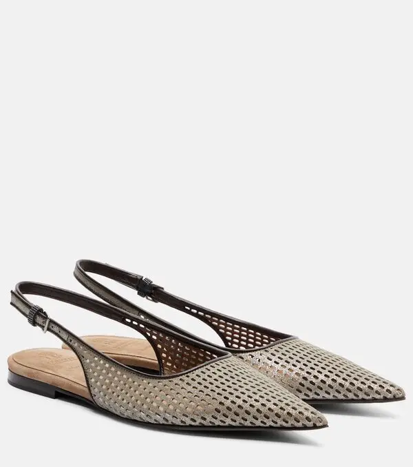 Brunello Cucinelli Monili Leather Slingback Ballet Flats - Brown