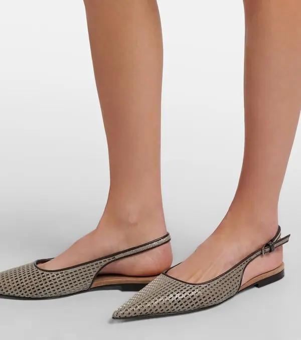 Brunello Cucinelli Monili Leather Slingback Ballet Flats - Brown