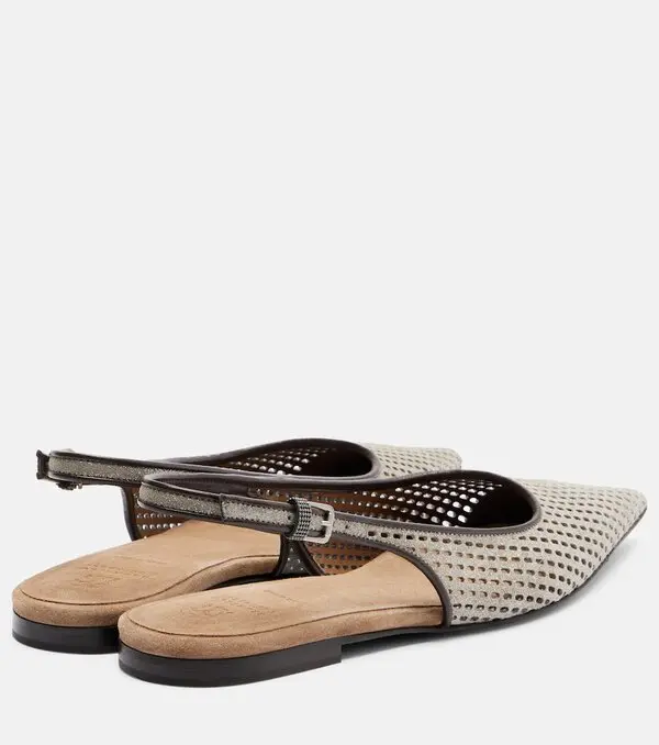 Brunello Cucinelli Monili Leather Slingback Ballet Flats - Brown