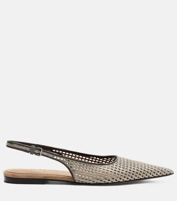 Brunello Cucinelli Monili Leather Slingback Ballet Flats - Brown
