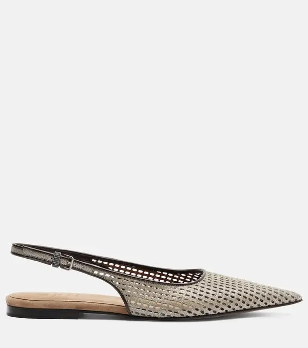 Brunello Cucinelli Monili Leather Slingback Ballet Flats - Brown