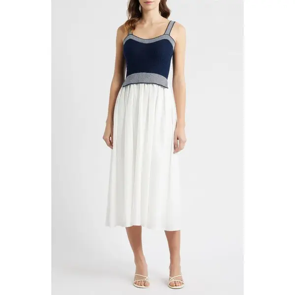 Moon River Crochet Top Mixed Media Midi Dress - Navy/off White