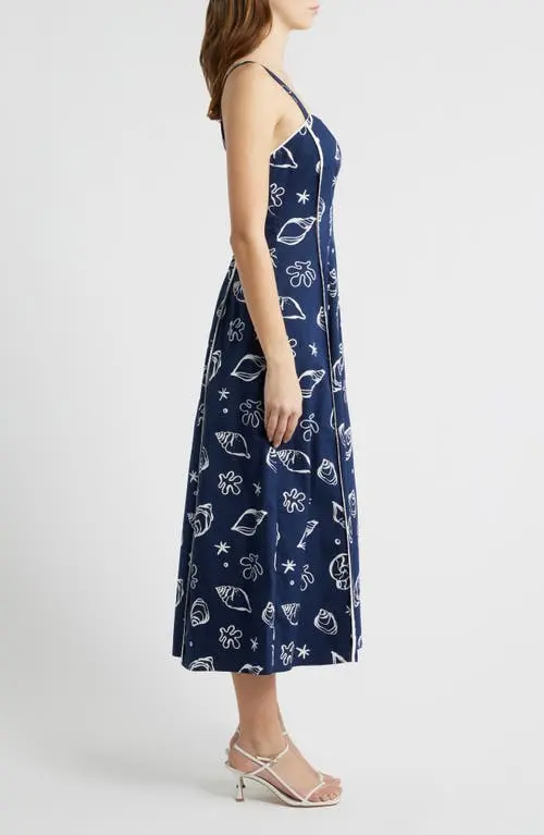 Moon River Shell Print Piped Cotton Midi Dress