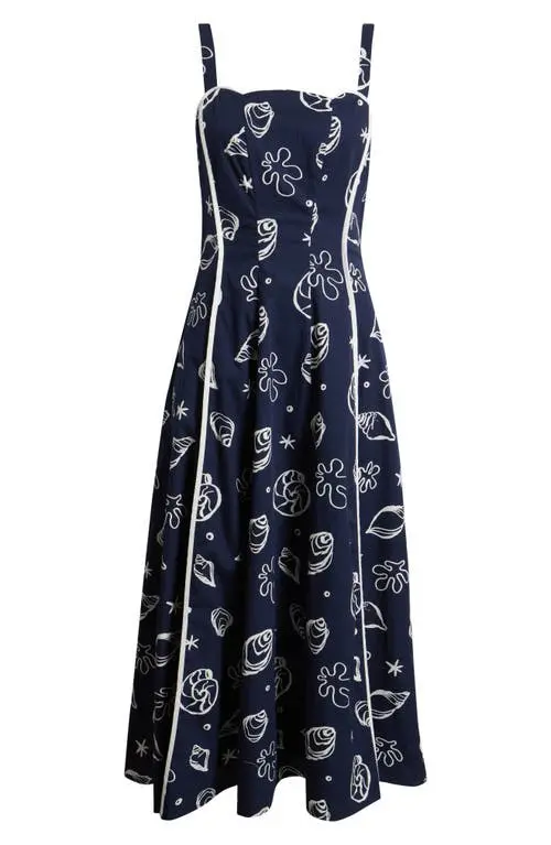 Moon River Shell Print Piped Cotton Midi Dress