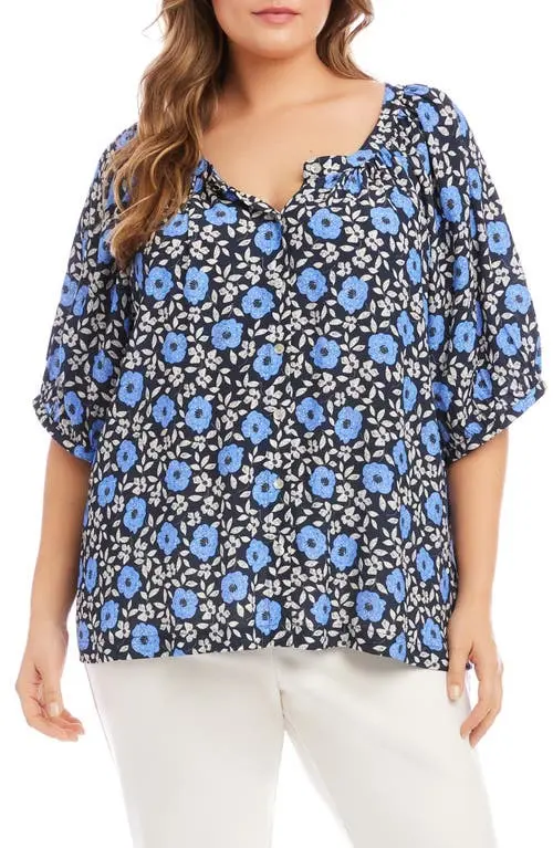 Karen Kane Floral Button-up Peasant Top - Blue Print
