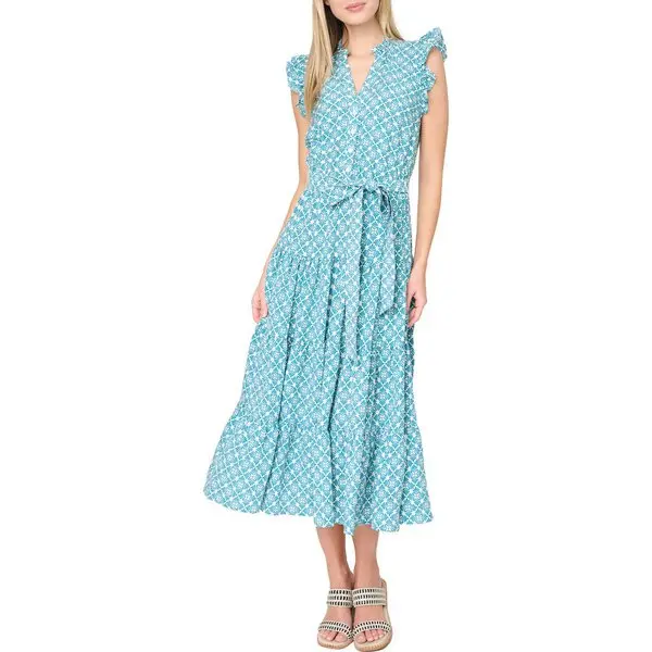 GIBSONLOOK Dianthus Sleeveless Maxi Dress - Teal Leaf Tile