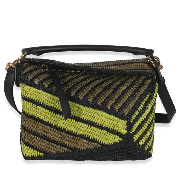 Loewe Anise Olive Raffia Calfskin Puzzle Bag - Black
