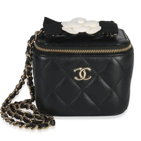 Chanel Quilted Lambskin Camelia Bow Chain Mini Vanity Case - Black