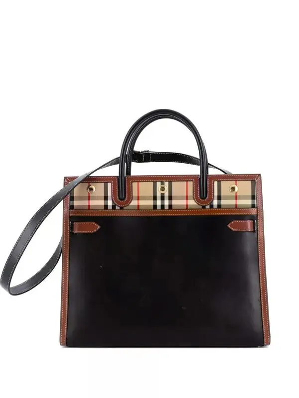 Burberry Title Two Handle Tote Leather With Vintage Check Canvas Medium Satchel