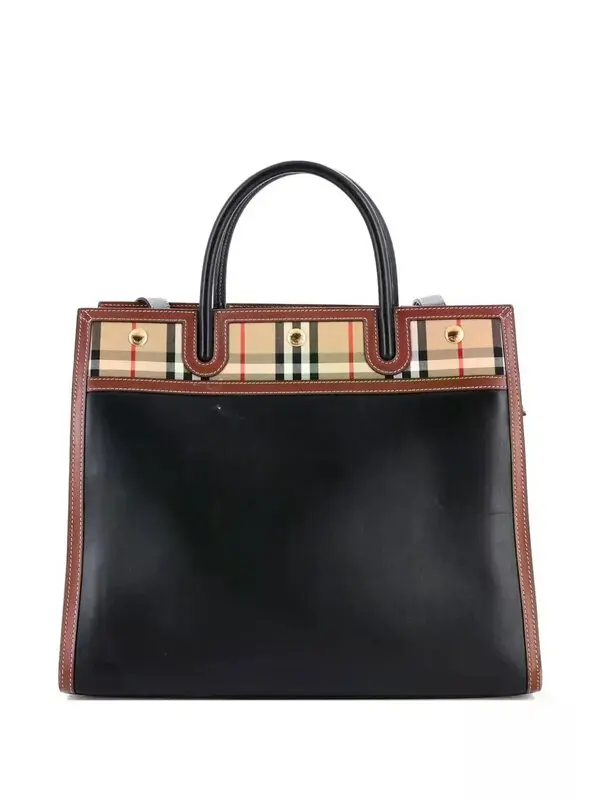 Burberry Title Two Handle Tote Leather With Vintage Check Canvas Medium Satchel
