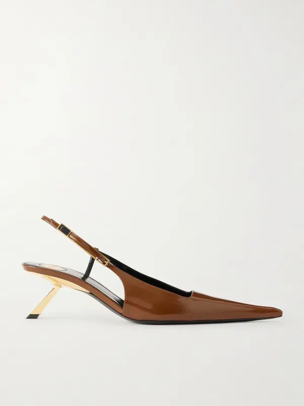 Saint Laurent Lee Glossed-leather Slingback Pumps - Brown