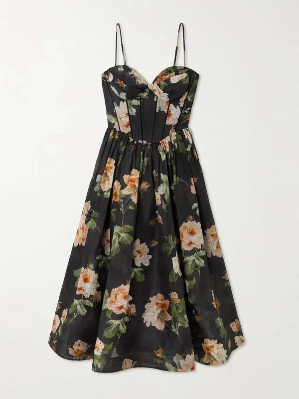 Zimmermann Luna Floral-print Linen And Silk-blend Midi Dress - Black