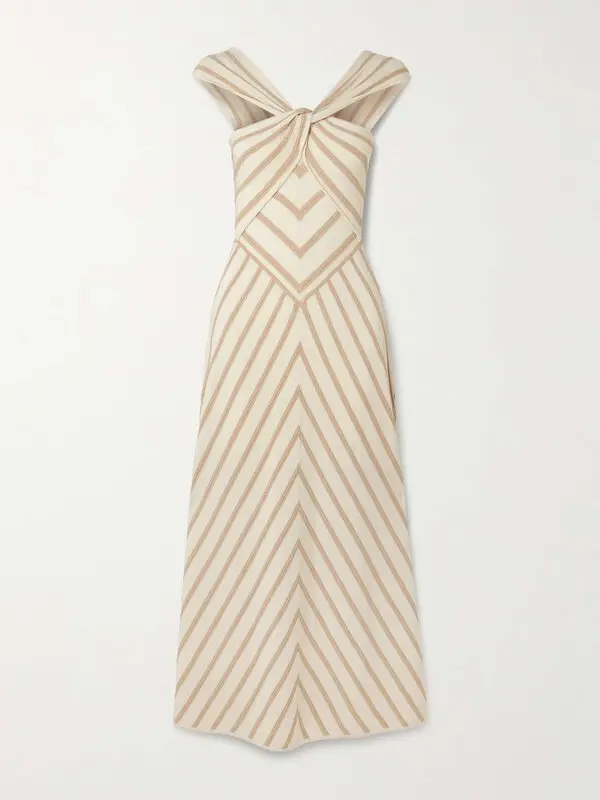 Zimmermann Luna Twisted Striped Metallic Knitted Midi Dress - Cream