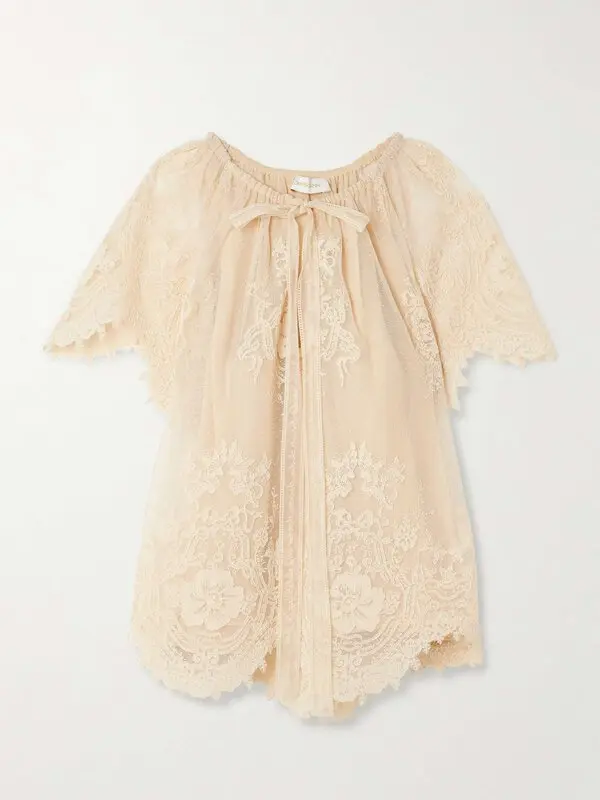 Zimmermann Luna Scalloped Gathered Lace And Point D'esprit Blouse - Cream