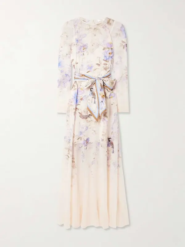Zimmermann Luna Belted Printed Silk Satin-trimmed Chiffon Maxi Dress - Cream