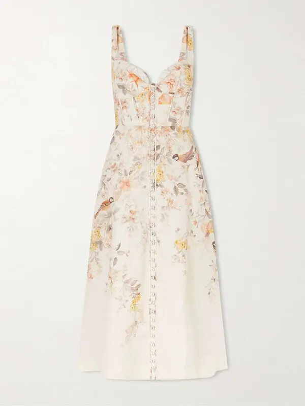 Zimmermann Printed Linen Midi Dress - Cream