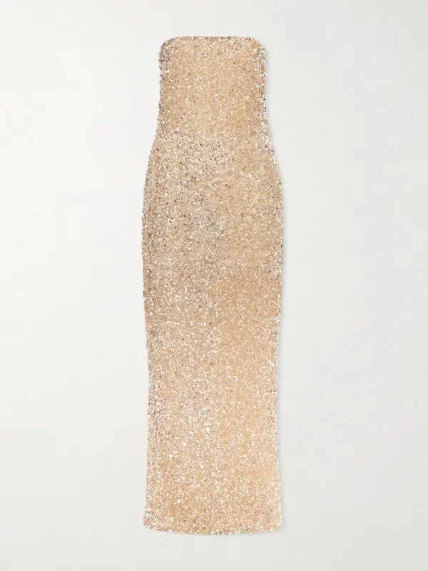 THE NEW ARRIVALS ILKYAZ OZEL Strapless Embellished Satin Gown - Gold
