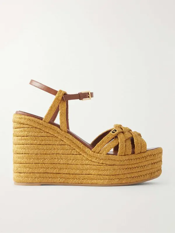 Valentino Garavani 120 Leather-trimmed Logo-embellished Raffia Espadrille Wedge Sandals - Tan
