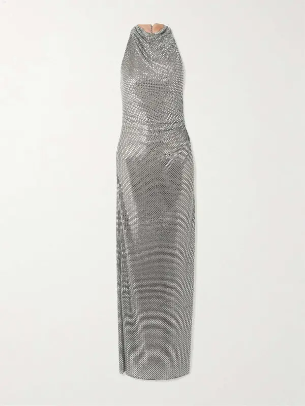 SELF-PORTRAIT Embellished Draped Mesh Halterneck Maxi Dress - Gray