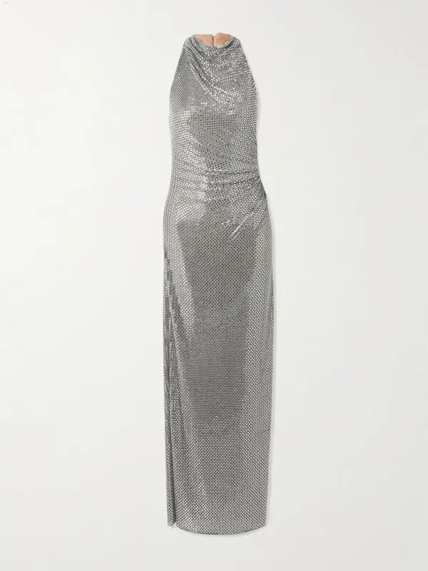 SELF-PORTRAIT Embellished Draped Mesh Halterneck Maxi Dress - Gray