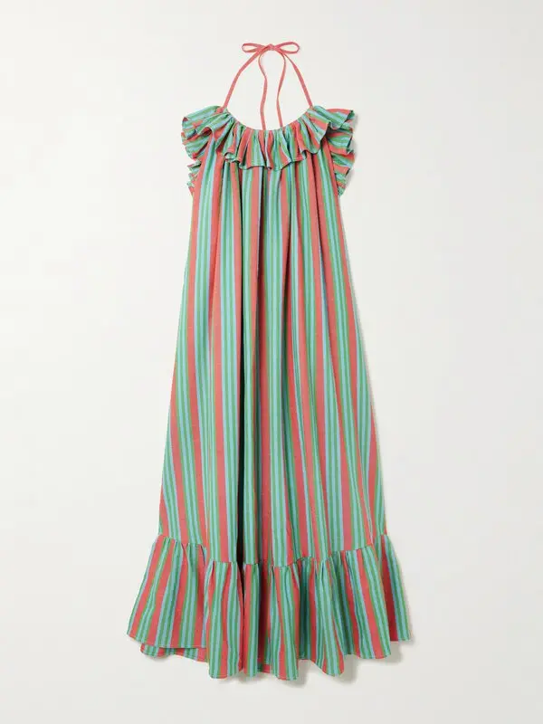 MARRAKSHI LIFE Ruffled Tiered Striped Cotton Halterneck Maxi Dress - Green