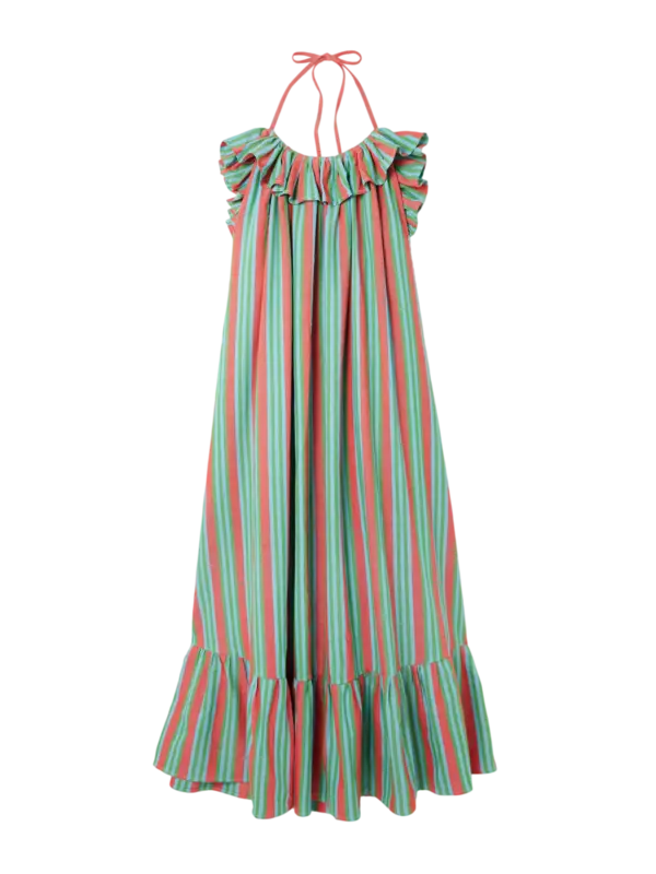 MARRAKSHI LIFE Ruffled Tiered Striped Halterneck Maxi Dress - Green