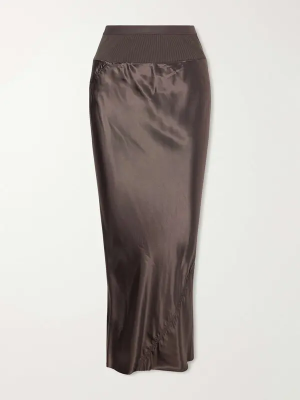 Rick Owens Ribbed Jersey And Recycled-satin Midi Skirt - Brown