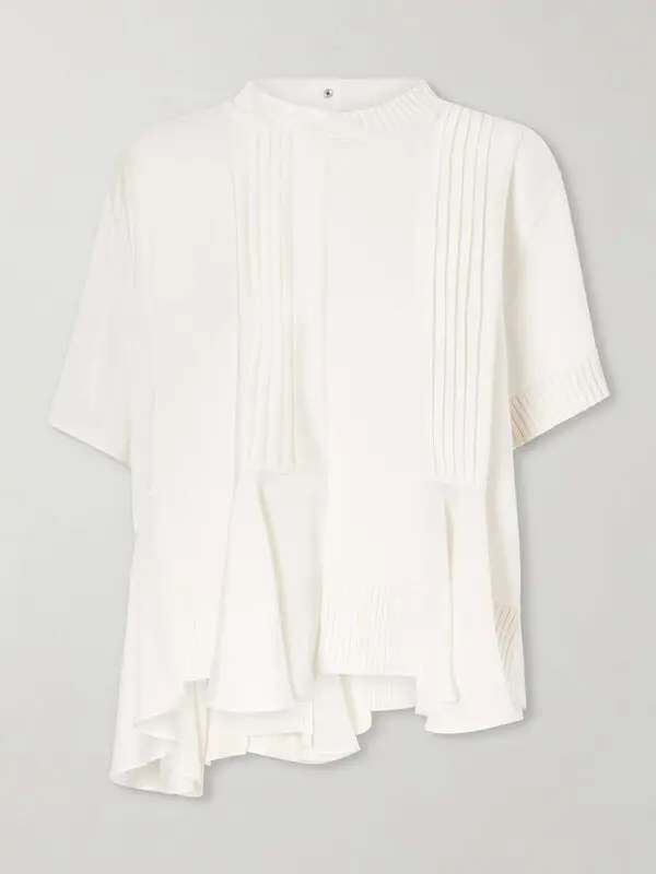 Sacai Paneled Pleated Ruffled Chiffon And Cotton-blend Top - Off-white