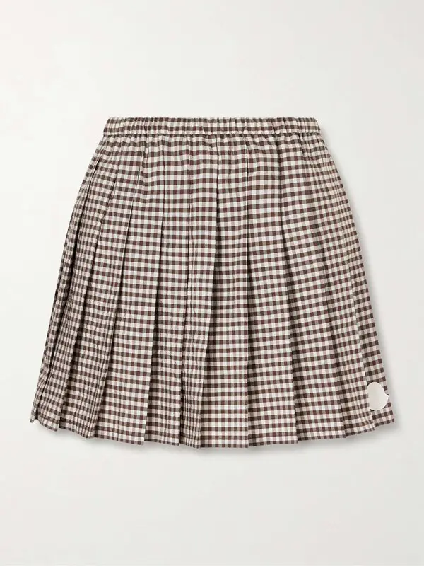 Moncler Appliquéd Pleated Gingham Cotton-blend Mini Skirt - Brown
