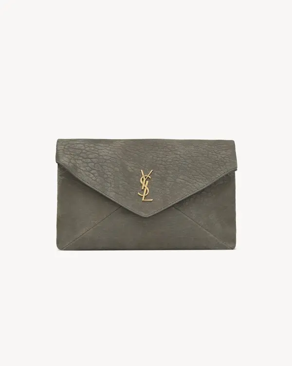 Saint Laurent Cassandre Envelope Pouch In Nubuck In Grey & Silver - Zinc Grey