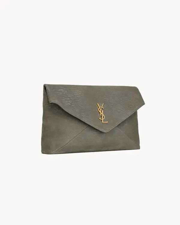 Saint Laurent Cassandre Envelope Pouch In Nubuck In Grey & Silver