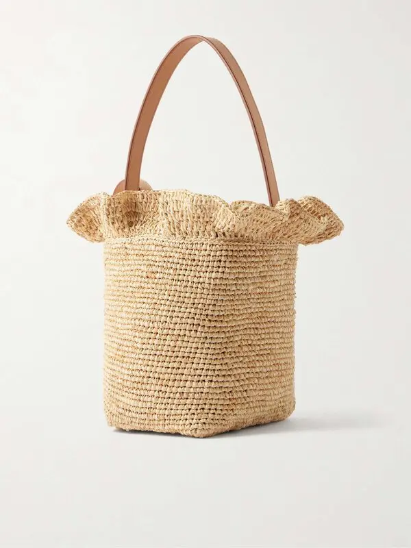 LOEFFLER RANDALL Laith Leather-trimmed Ruffled Raffia Bucket Bag