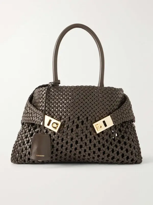 FERRAGAMO Hug Small Woven Leather Tote - Brown