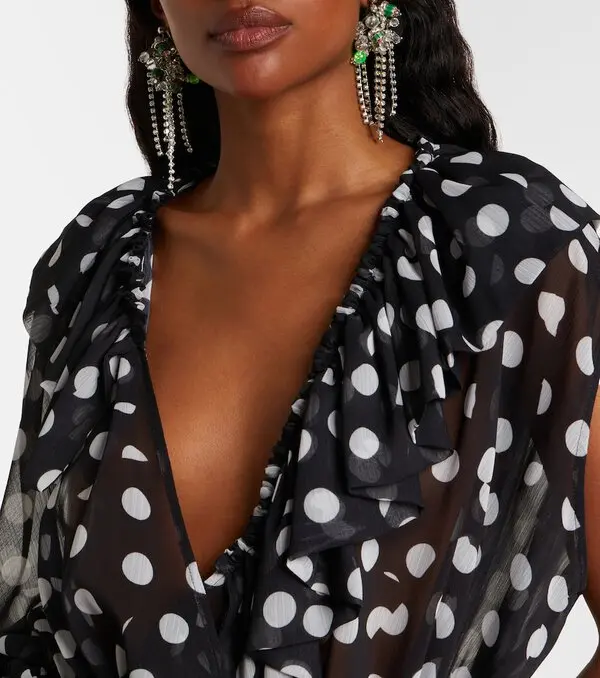 Dries Van Noten Polka Dot Ruffled V-neck Top - Black