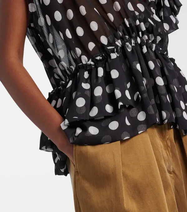 Dries Van Noten Polka Dot Ruffled V-neck Top - Black
