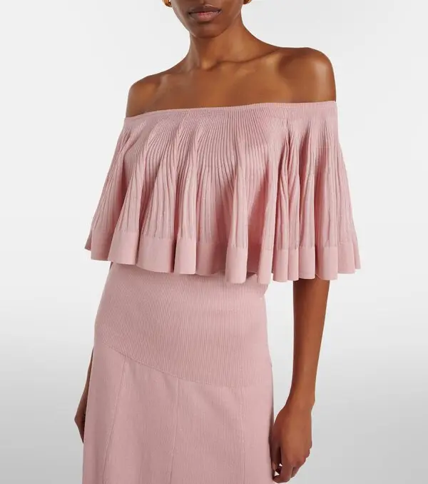 Zimmermann Luna Knitted Ruffled Off-shoulder Top