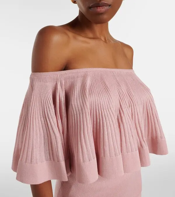 Zimmermann Luna Knitted Ruffled Off-shoulder Top