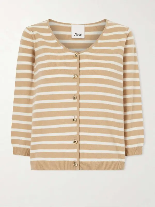 ALLUDE Striped Cashmere Cardigan - Beige