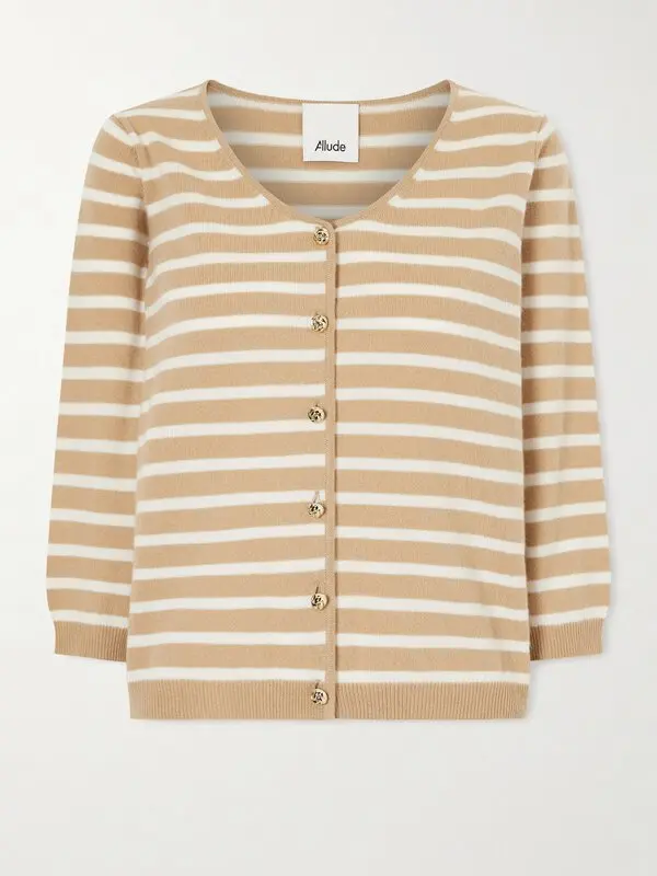 ALLUDE Striped Cashmere Cardigan - Neutrals