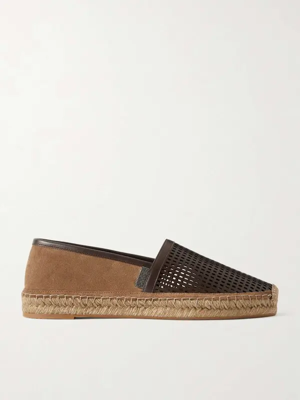Brunello Cucinelli Bead-embellished Suede And Laser-cut Leather Espadrilles - Dark Brown
