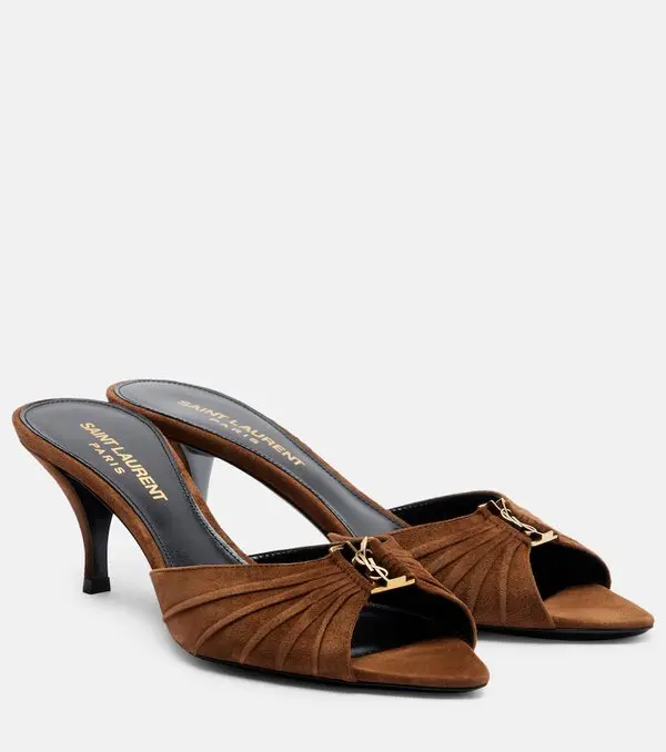 Saint Laurent Babylone Cassandre Suede Mules - Brown