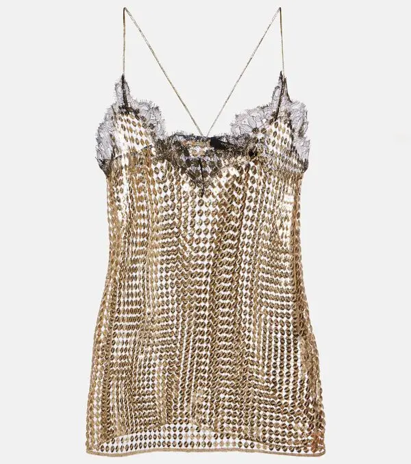 Roberto Cavalli Sequined Lace-trimmed Top - Gold