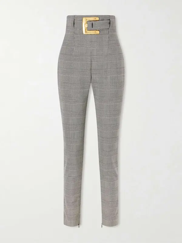 Balmain Belted Prince Of Wales Checked Wool-blend Skinny Pants - Black