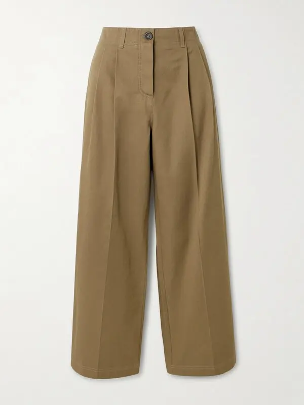 TOTEME Pleated Cotton-twill Wide-leg Pants - Green