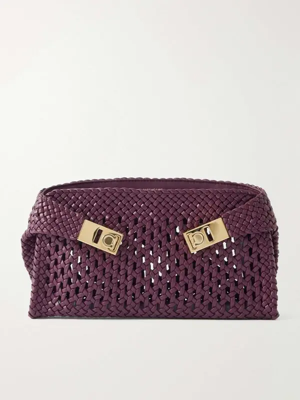 FERRAGAMO Hug Small Woven Leather Clutch - Plum