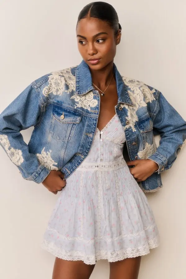 LoveShackFancy Amana Lace Appliqué Denim Jacket - Faded Blue