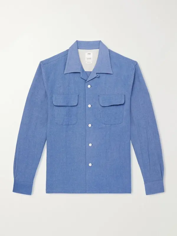 Visvim Carrow Convertible-collar Wool And Linen-blend Shirt - Blue