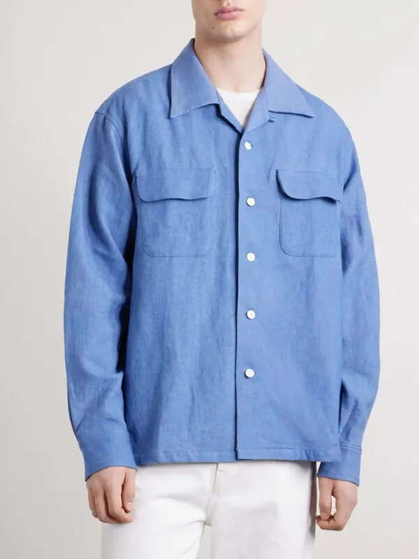 Visvim Carrow Convertible-collar Wool And Linen-blend Shirt - Blue