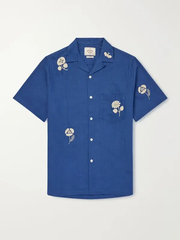 Portuguese Flannel Convertible-collar Embroidered Ramie Shirt - Blue
