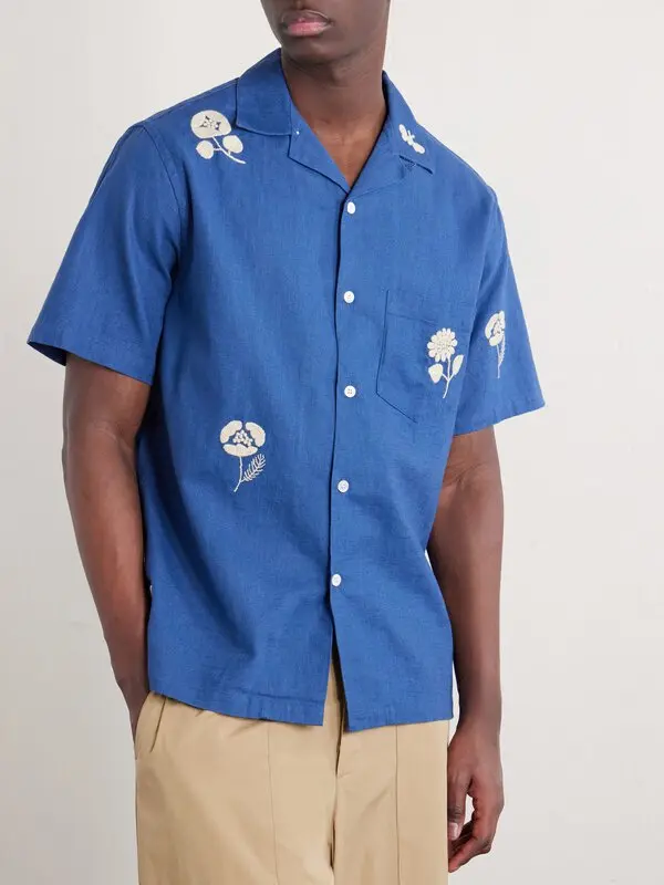 Portuguese Flannel Convertible-collar Embroidered Ramie Shirt - Blue